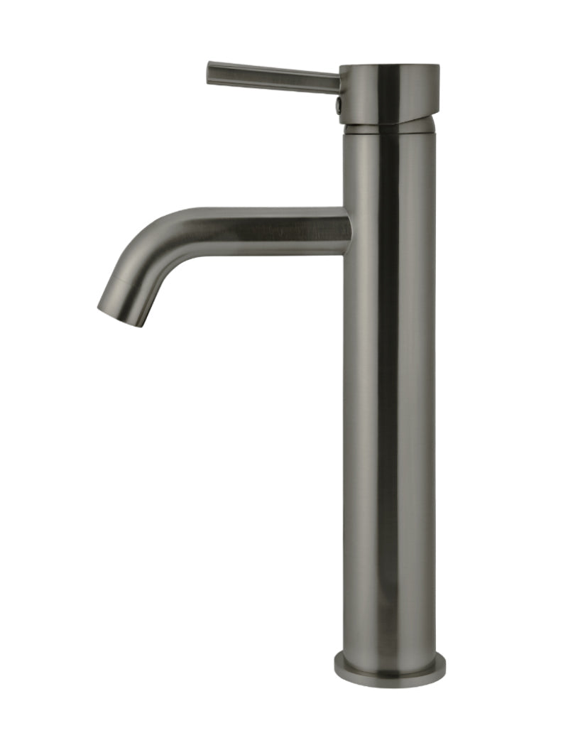 Round Tall Shadow Gunmetal Basin Mixer with curved spout – Oxford & Nelson